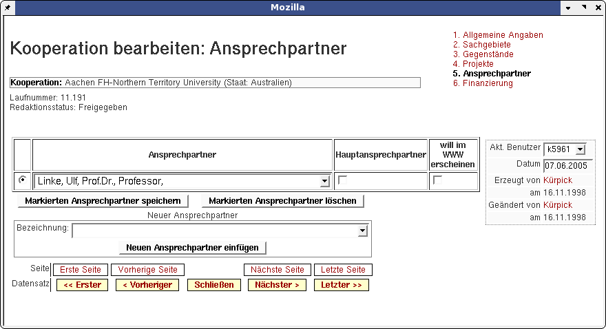 Kooperation bearbeiten: Ansprechpartner